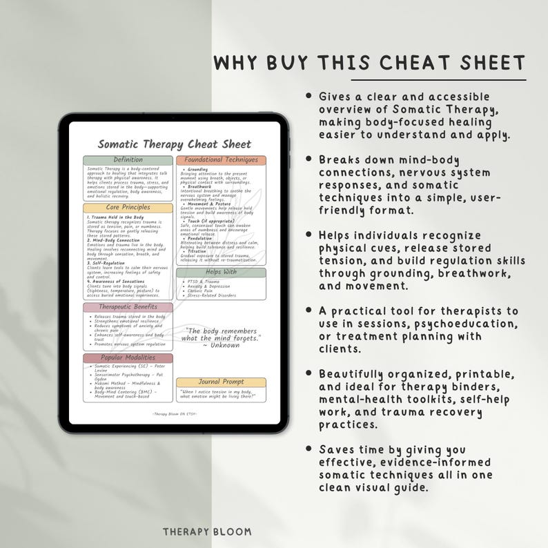 Somatic Therapy Cheat Sheet: Trauma-informed Somatic Tools (printable ...
