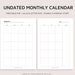 Undated Monthly Calendar, Month on Two Pages, Blank Calendar Page ...