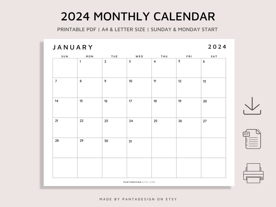 2024 Monthly Calendar Printable, Yearly Calendar Template, Minimalist ...