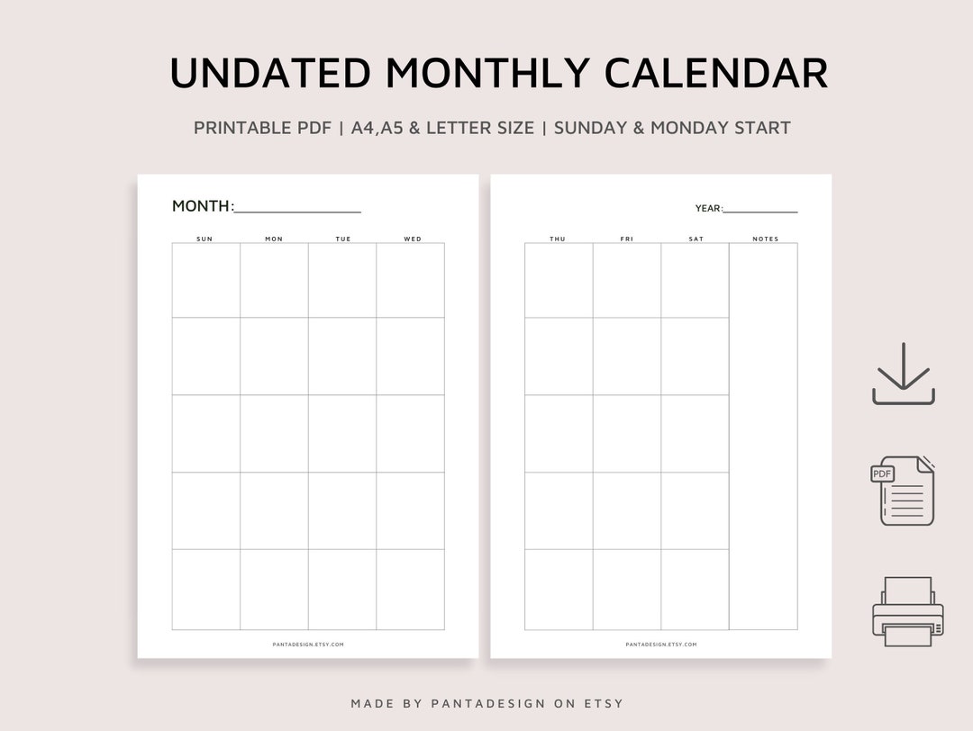 Undated Monthly Calendar, Month on Two Pages, Blank Calendar Page ...