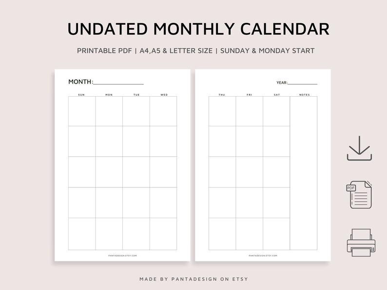 Undated Monthly Calendar, Month on Two Pages, Blank Calendar Page ...