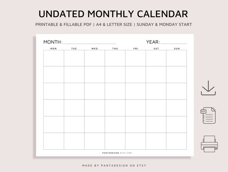 Printable Undated Monthly Calendar - Blank & Fillable PDF, A4/letter ...