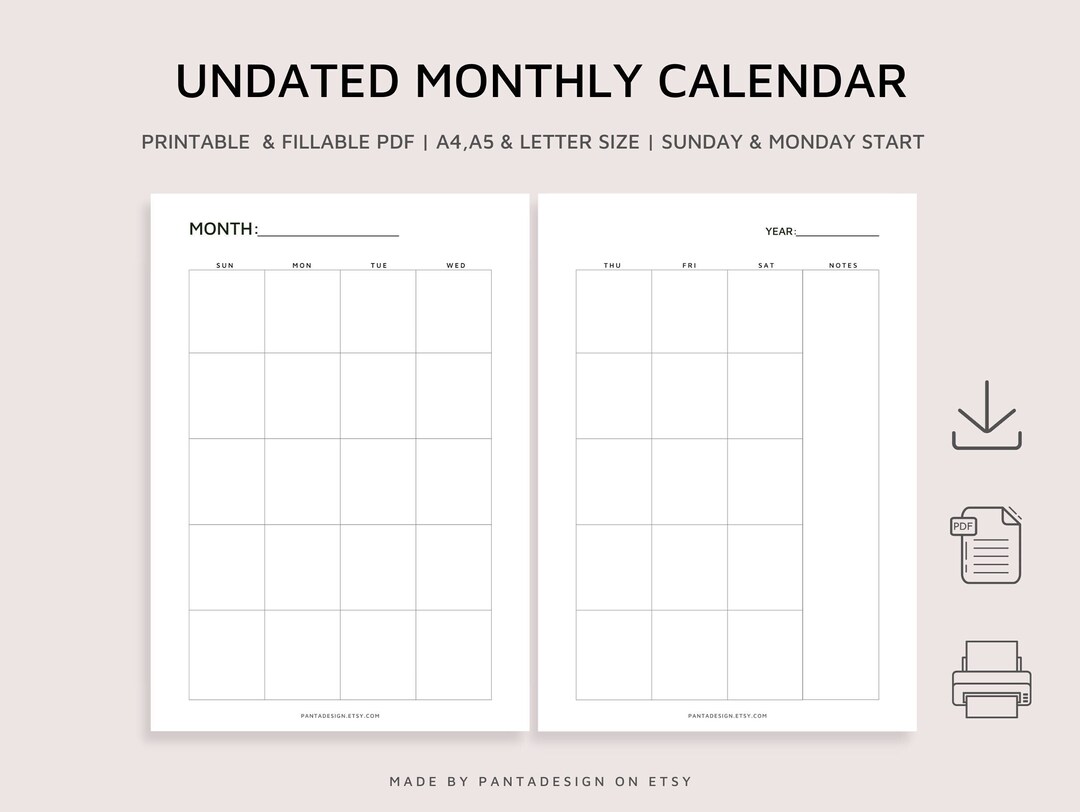 Undated Monthly Calendar Month on Two Pages Blank Calendar - Etsy