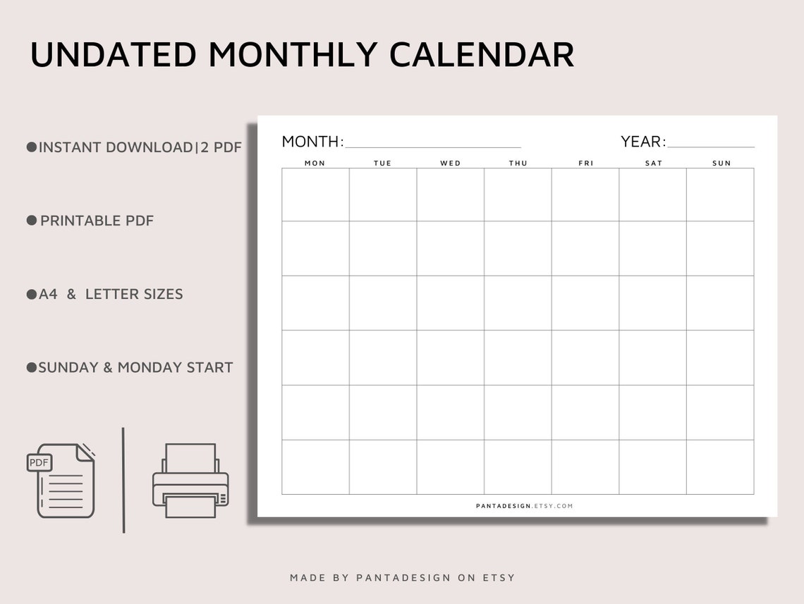 Undated Monthly Calendar Blank Calendar Page Printable - Etsy