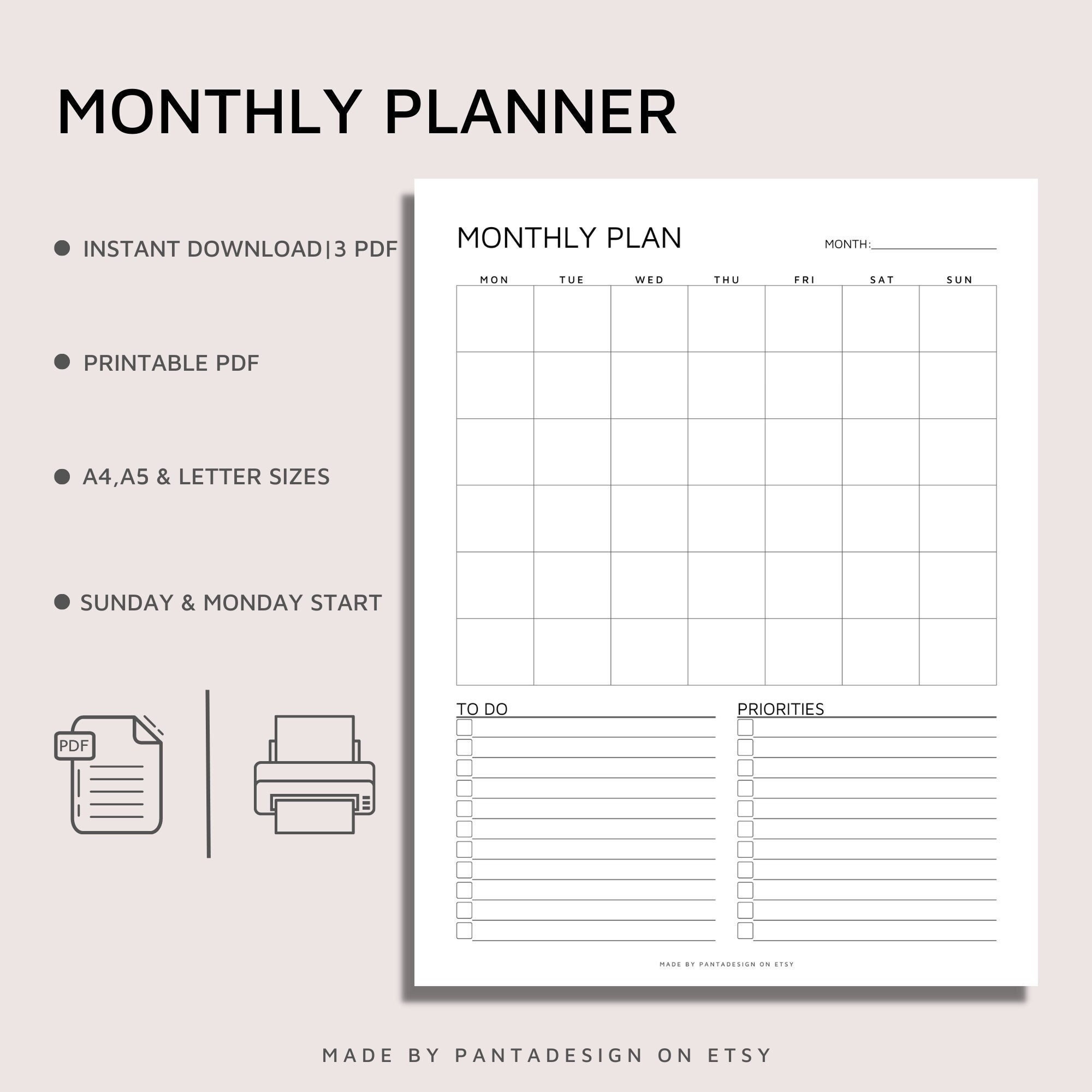 Monthly Planner Printable,productivity Planner,monthly to Do List ...