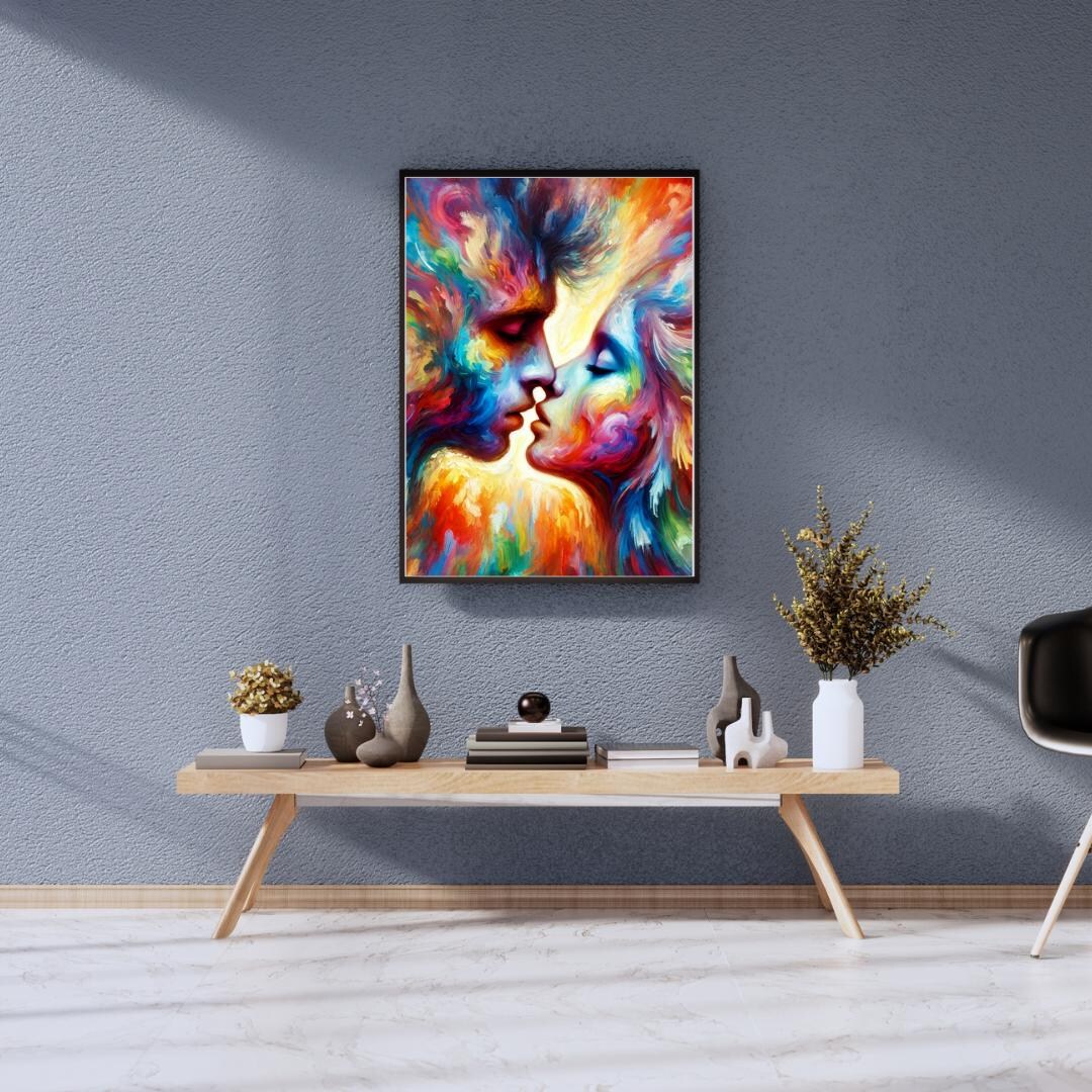Colorful Abstract Lovers’ Kiss – Vibrant Digital Art, Romantic Wall ...