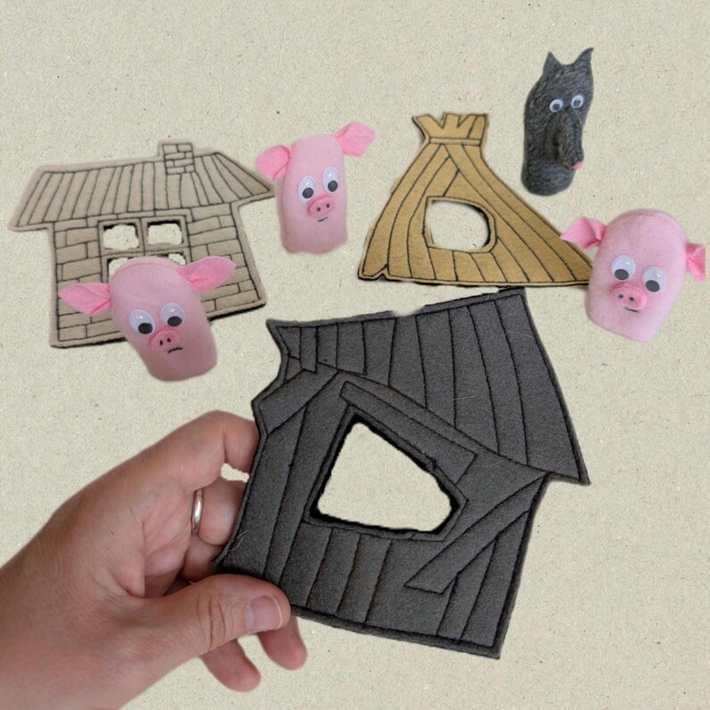 Three Little Pigs & Wolf Finger Puppet Set – Handmade From Fabric ...