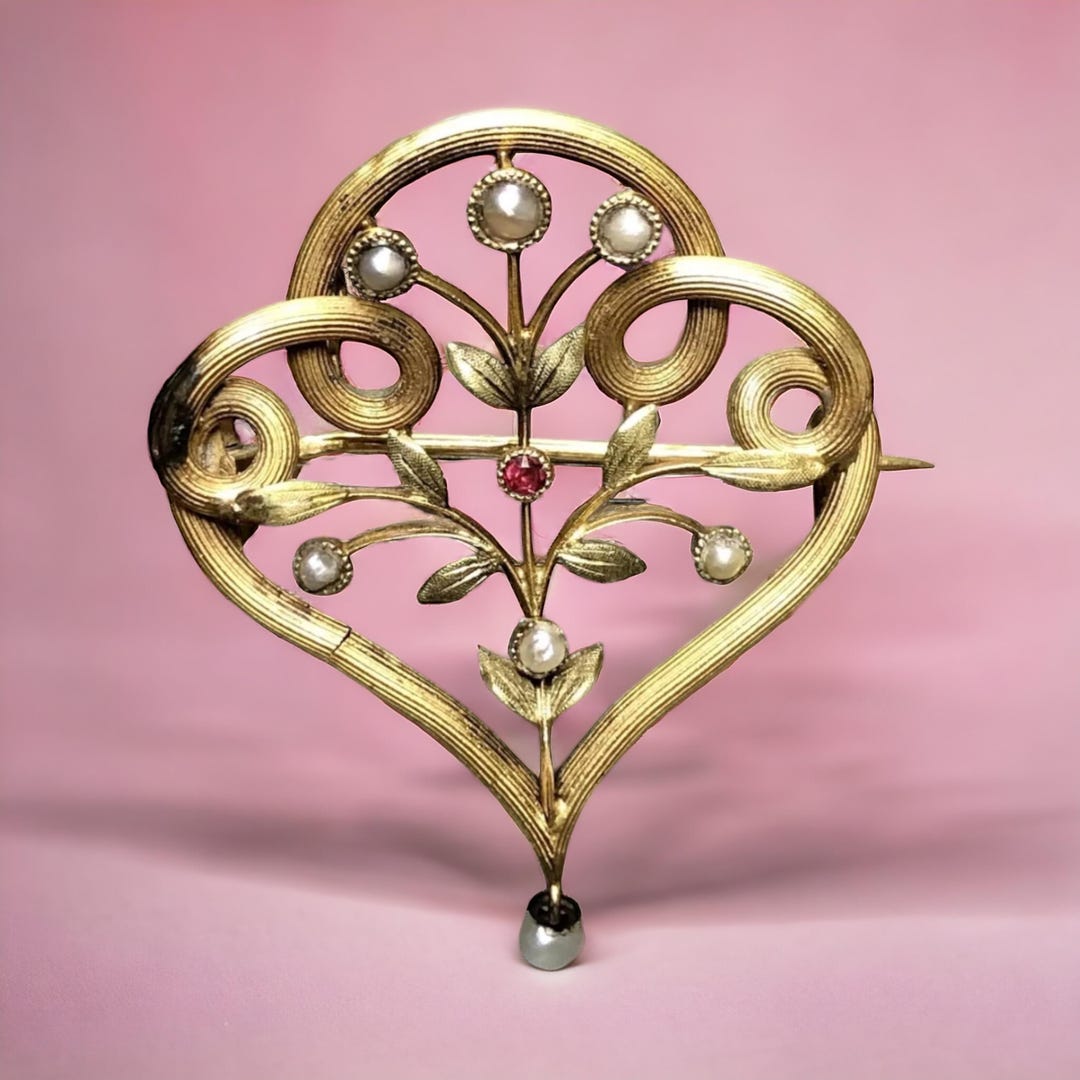 Antique 18K Art Nouveau Enamel Ruby Seed Pearl Pin Brooch - Etsy