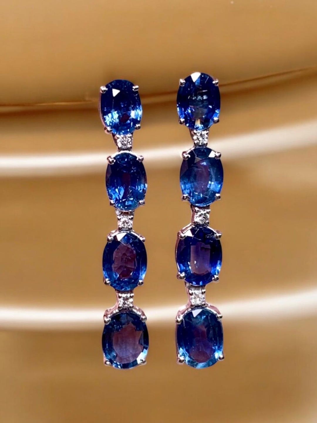 Estate 18K White Gold Oval Sapphire Diamond Straight Dangle Drop ...
