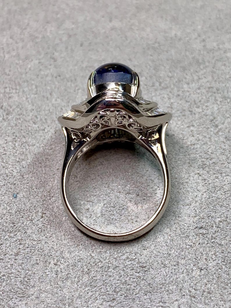 Estate Deep Royal Blue Star Sapphire Baguette Diamond Ballerina ...