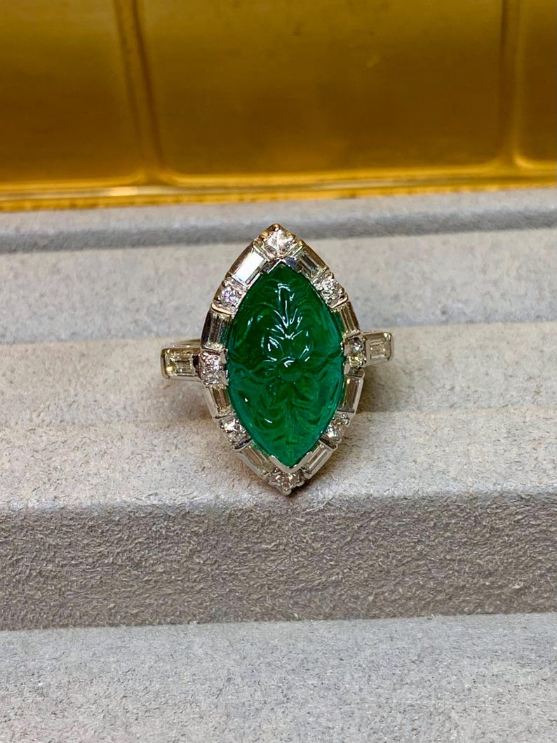 Antique Art Deco Platinum 7ct Carved Emerald & Diamond Ring Brazil F1 ...