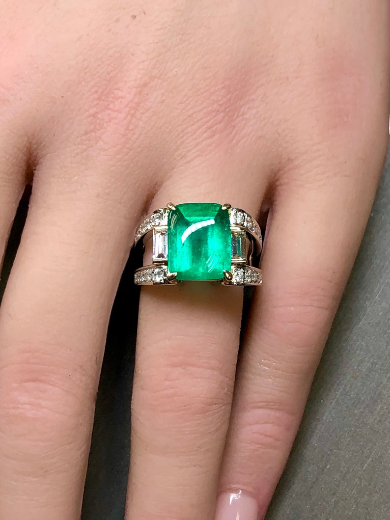 Estate 18K Platinum COLOMBIAN Buff Top Emerald Diamond Ring 6.02cttw ...