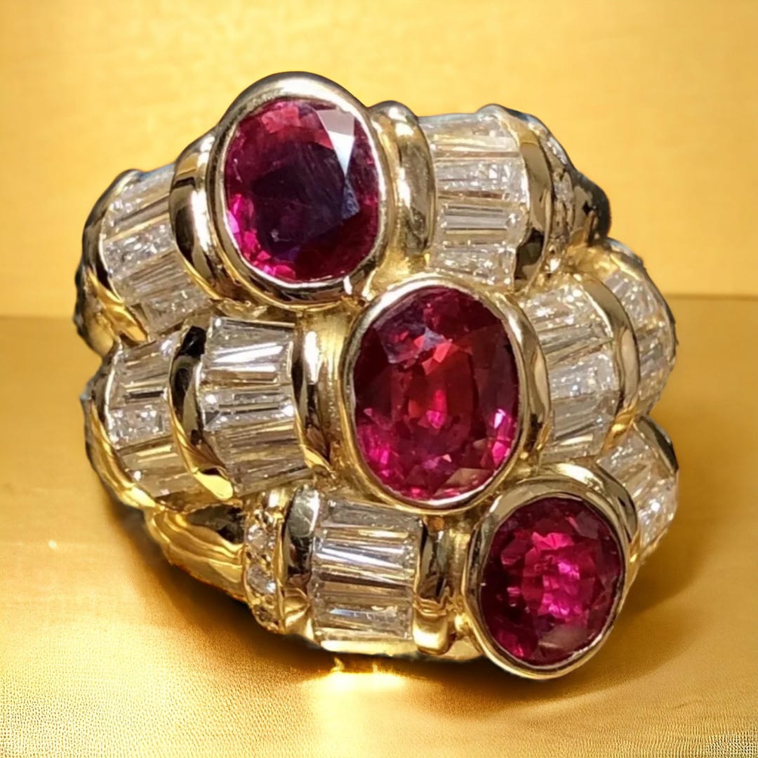 Estate 18K Triple Bezel Ruby Baguette Diamond Large Cocktail Ring 7 ...