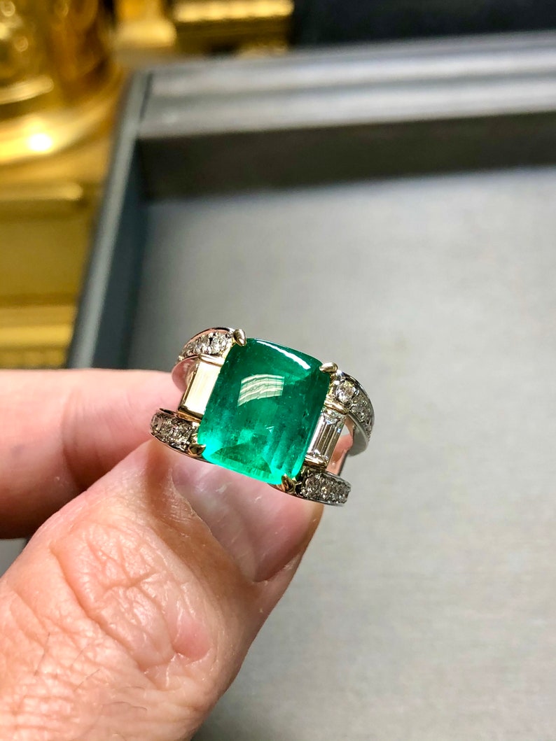 Estate 18K Platinum COLOMBIAN Buff Top Emerald Diamond Ring 6.02cttw ...