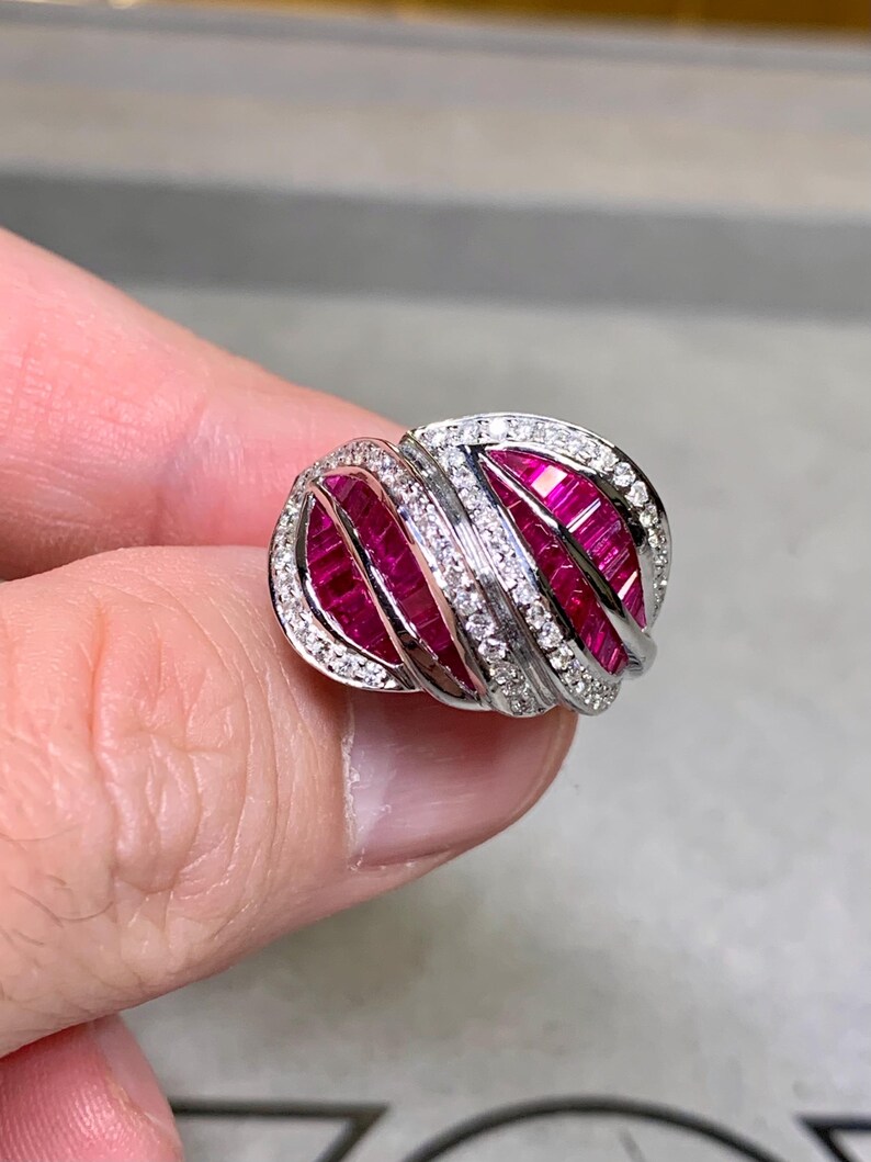 Estate 18K White Gold Vivid Ruby Diamond Leaf Bypass Cocktail Ring - Etsy
