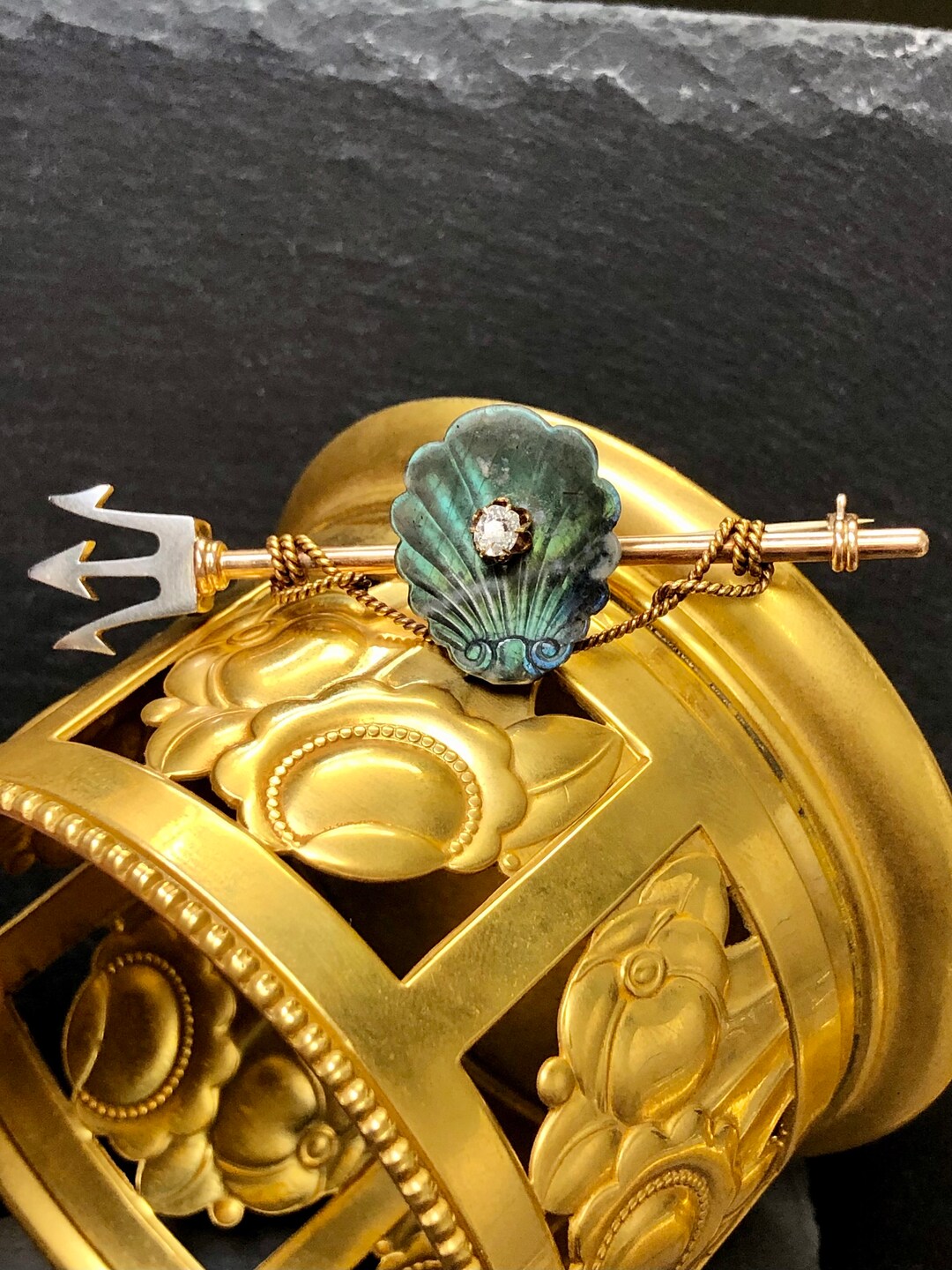 Victorian 14K Platinum Diamond Labradorite Nautical Trident Seashell ...