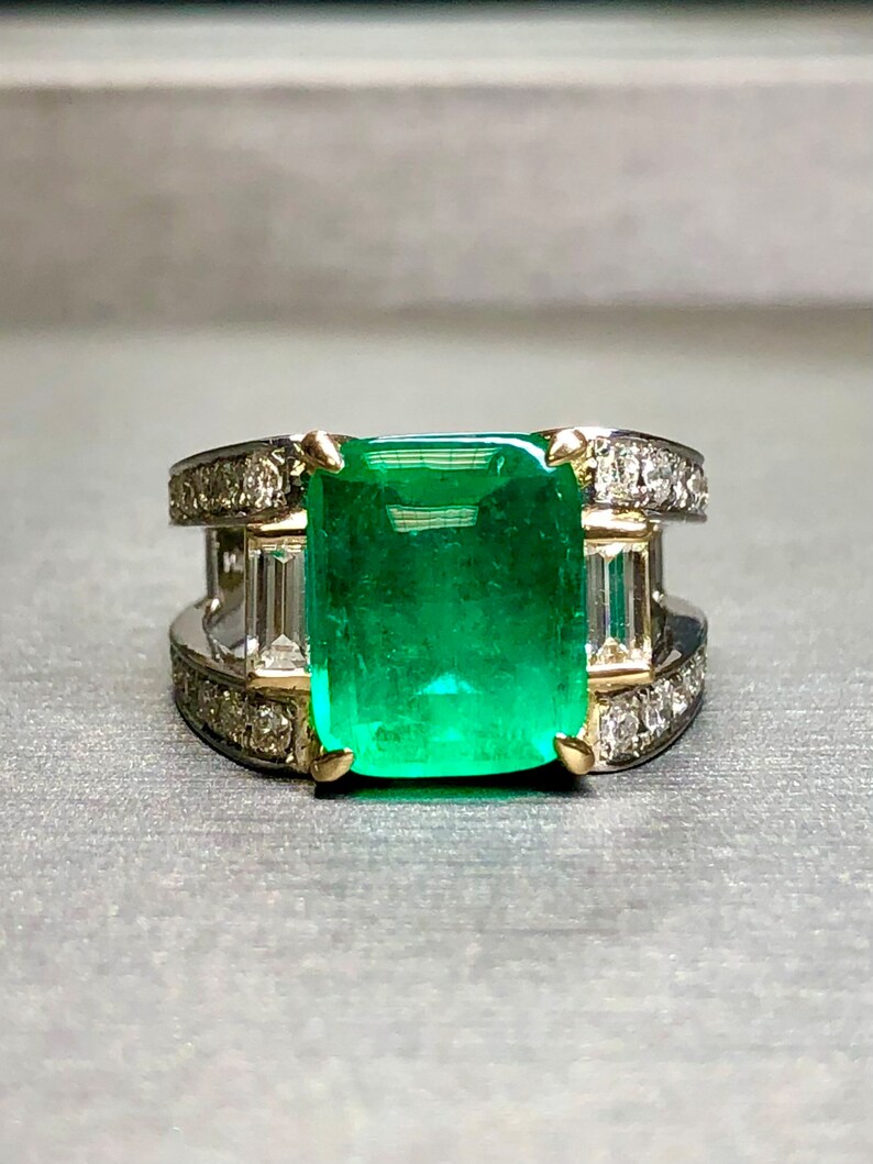 Estate 18K Platinum COLOMBIAN Buff Top Emerald Diamond Ring 6.02cttw ...