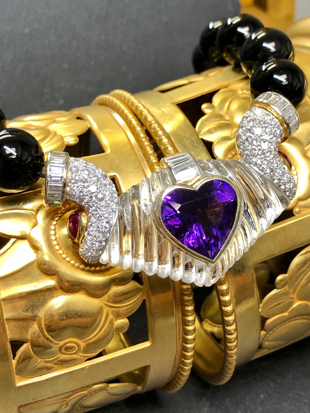 Estate 18K Diamond Rock Crystal Ruby Amethyst Onyx Bead Necklace 19” 20 ...