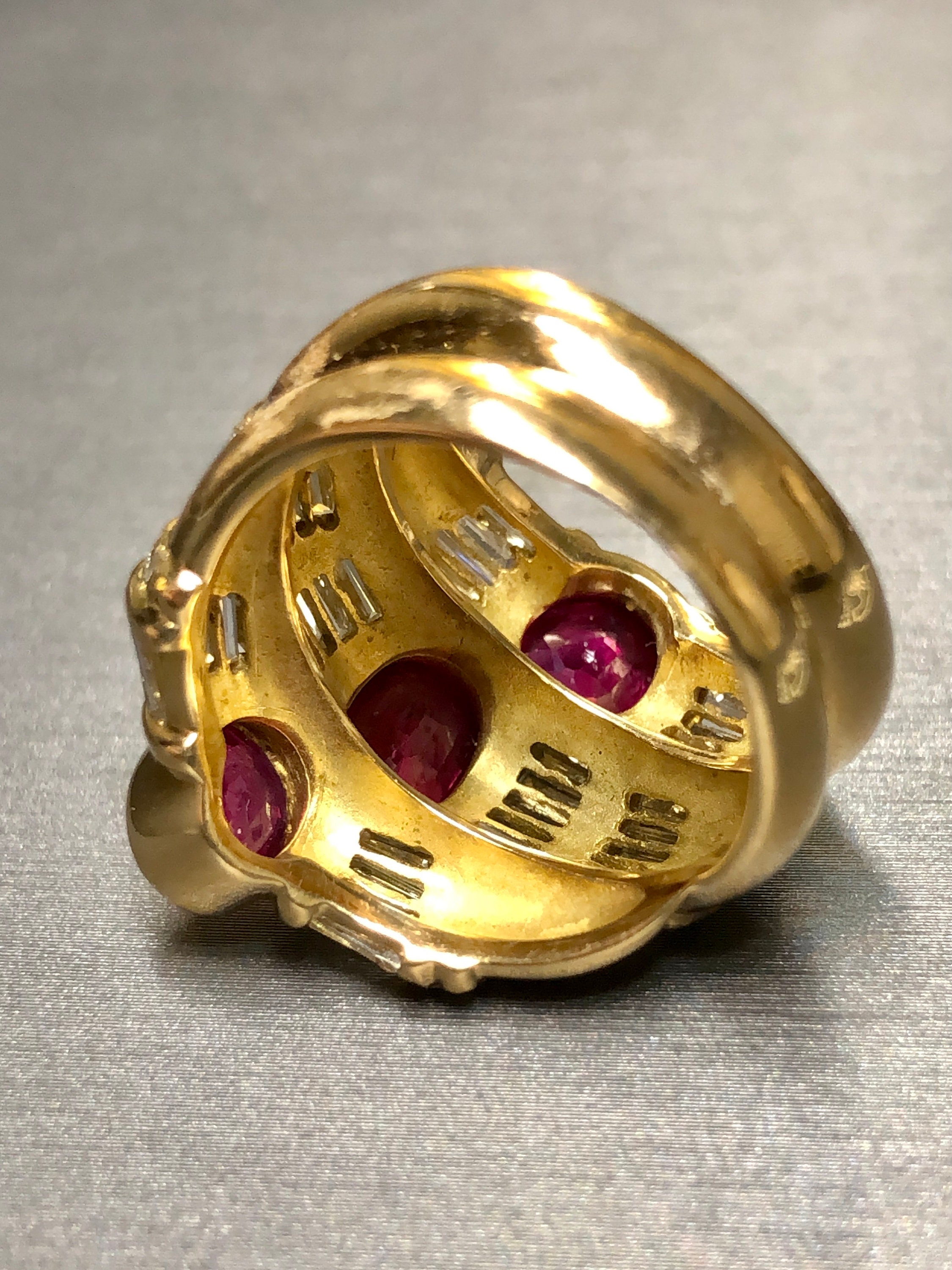 Estate 18K Triple Bezel Ruby Baguette Diamond Large Cocktail Ring 7 ...
