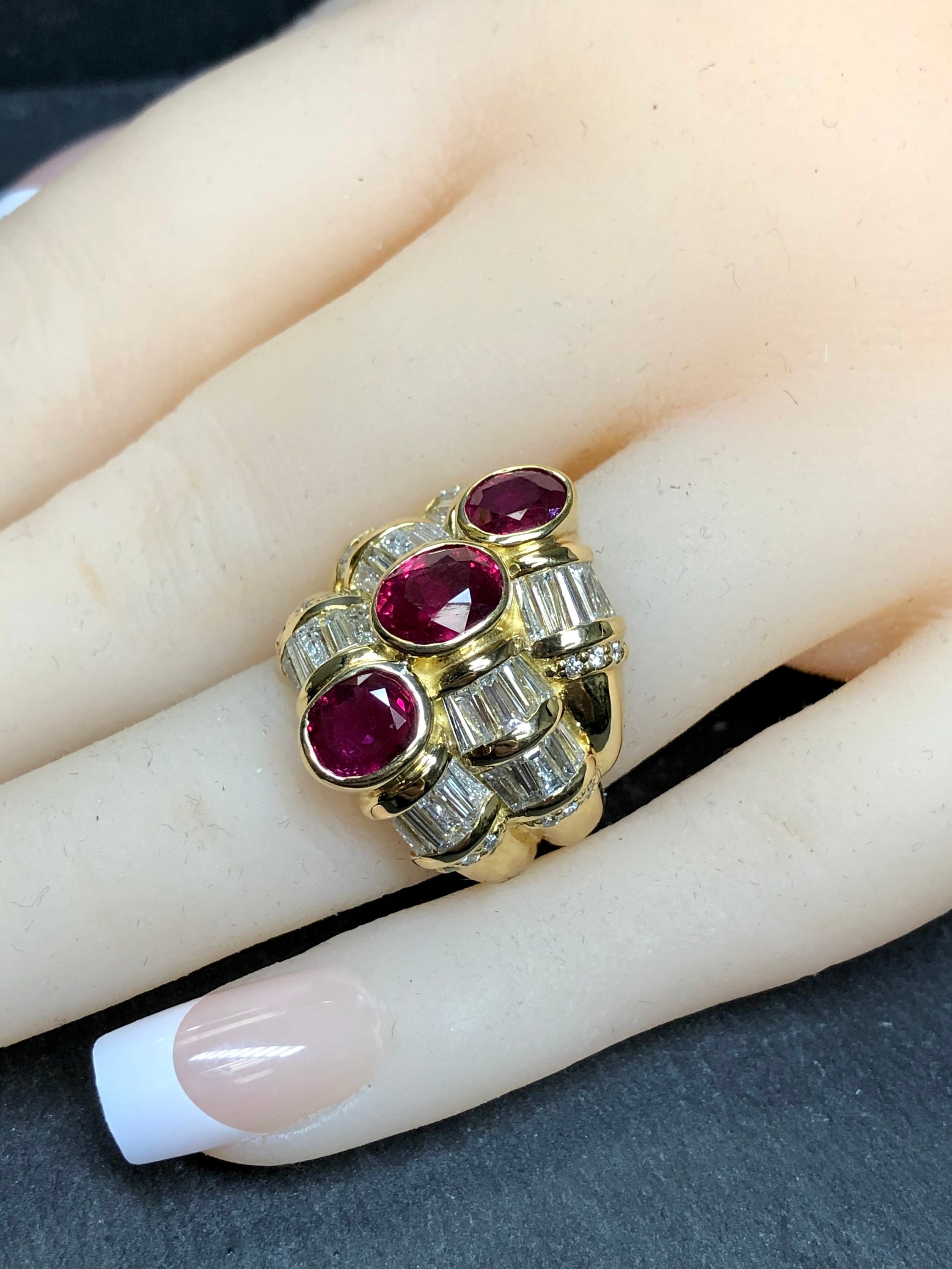 Estate 18K Triple Bezel Ruby Baguette Diamond Large Cocktail Ring 7 ...