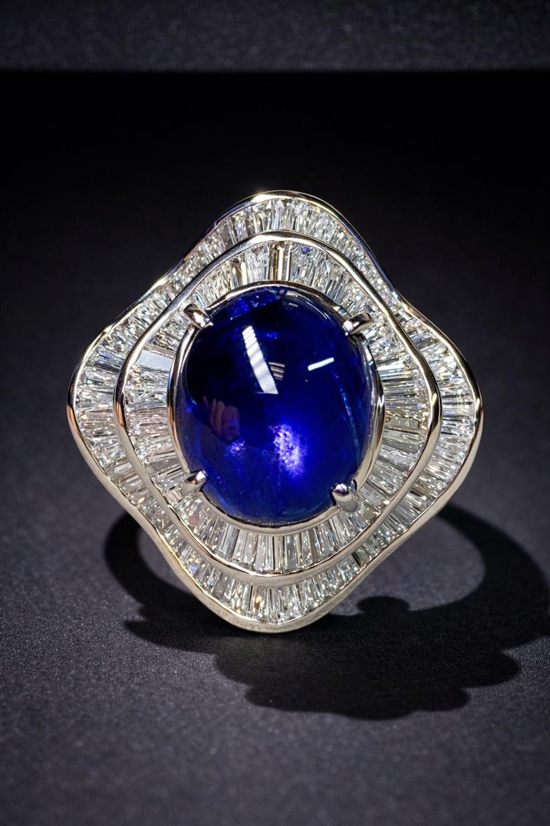 Estate Deep Royal Blue Star Sapphire Baguette Diamond Ballerina ...
