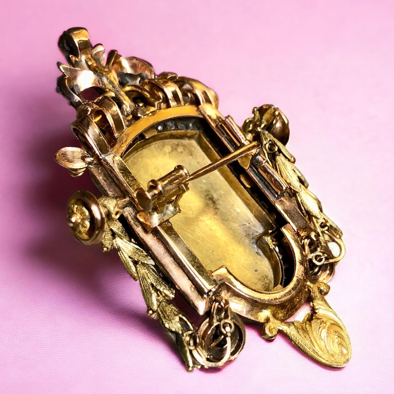 Antique Georgian 18K Silver Rose Diamond Enamel Limoges Mandolin Brooch ...