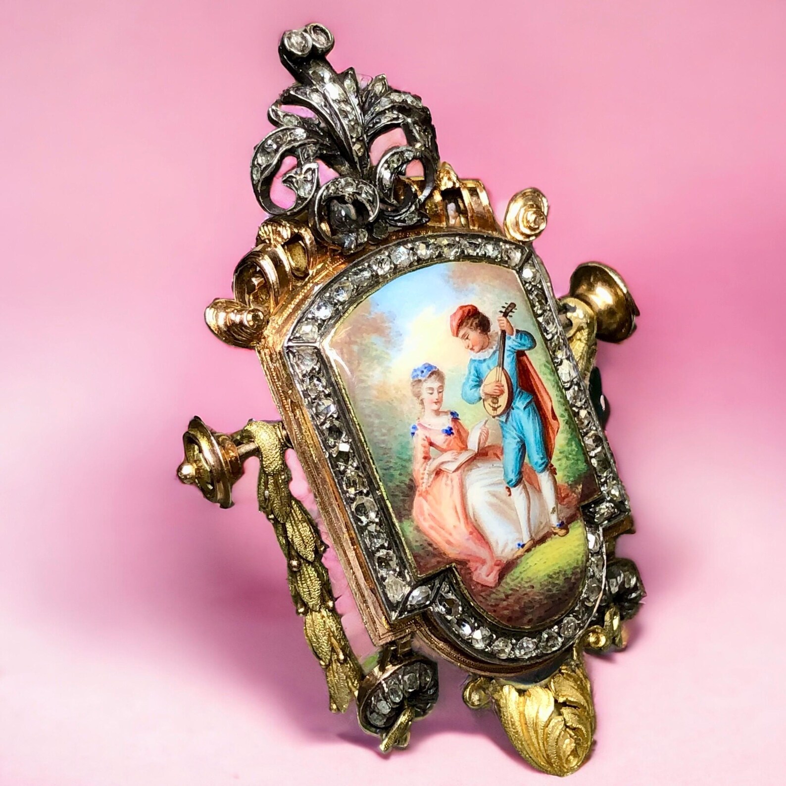 Antique Georgian 18K Silver Rose Diamond Enamel Limoges Mandolin Brooch ...