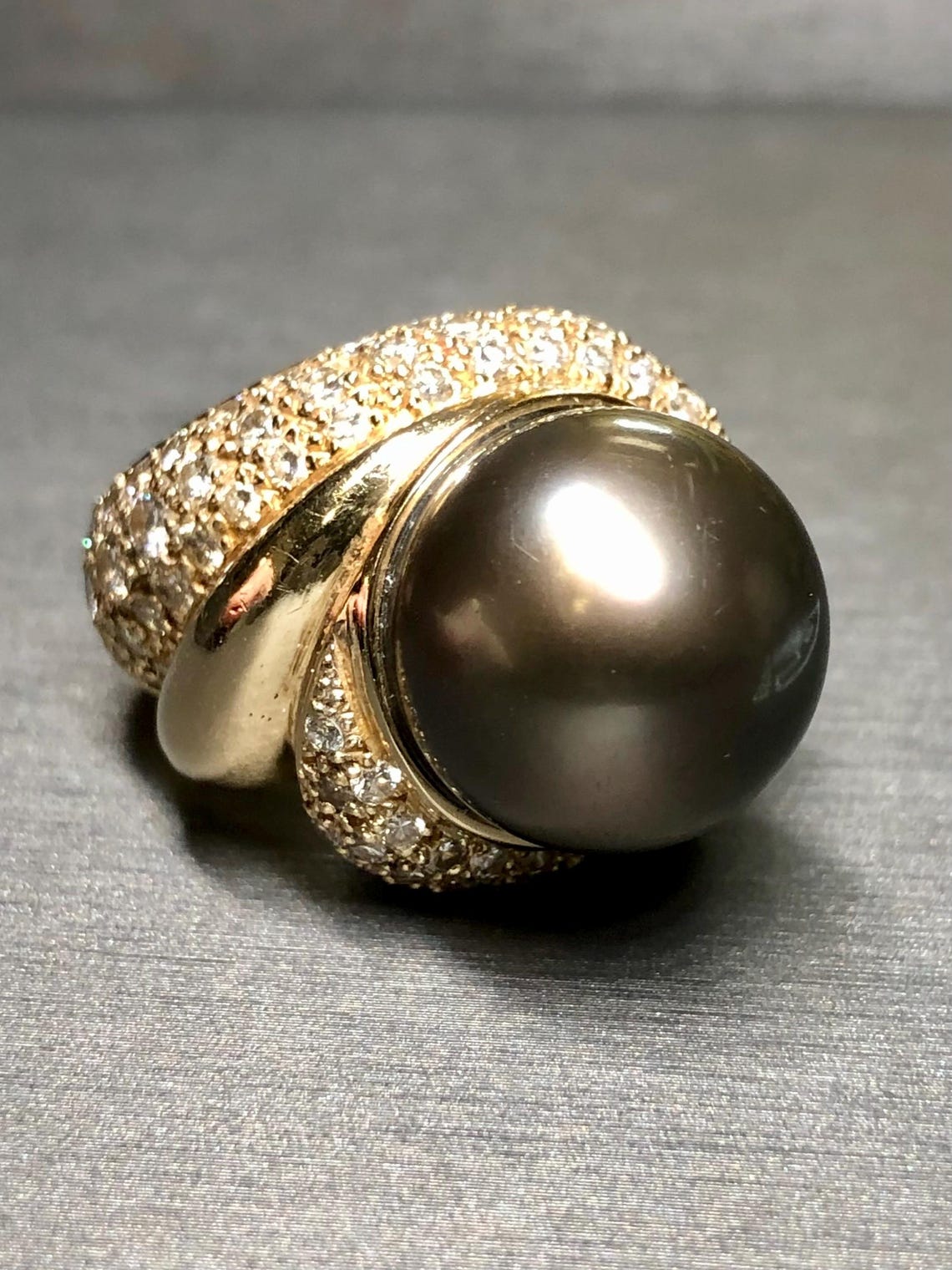 Estate 14K Yellow Gold Large Tahitian Pearl Diamond Spiral Cocktail ...