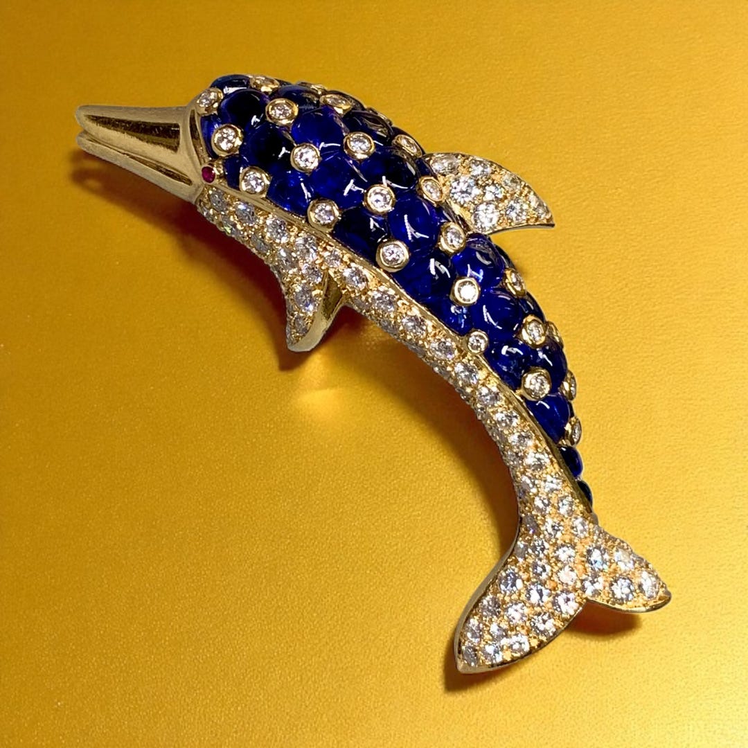 Estate French Pierre Brun 18K Buff Top Sapphire Diamond Ruby Dolphin ...