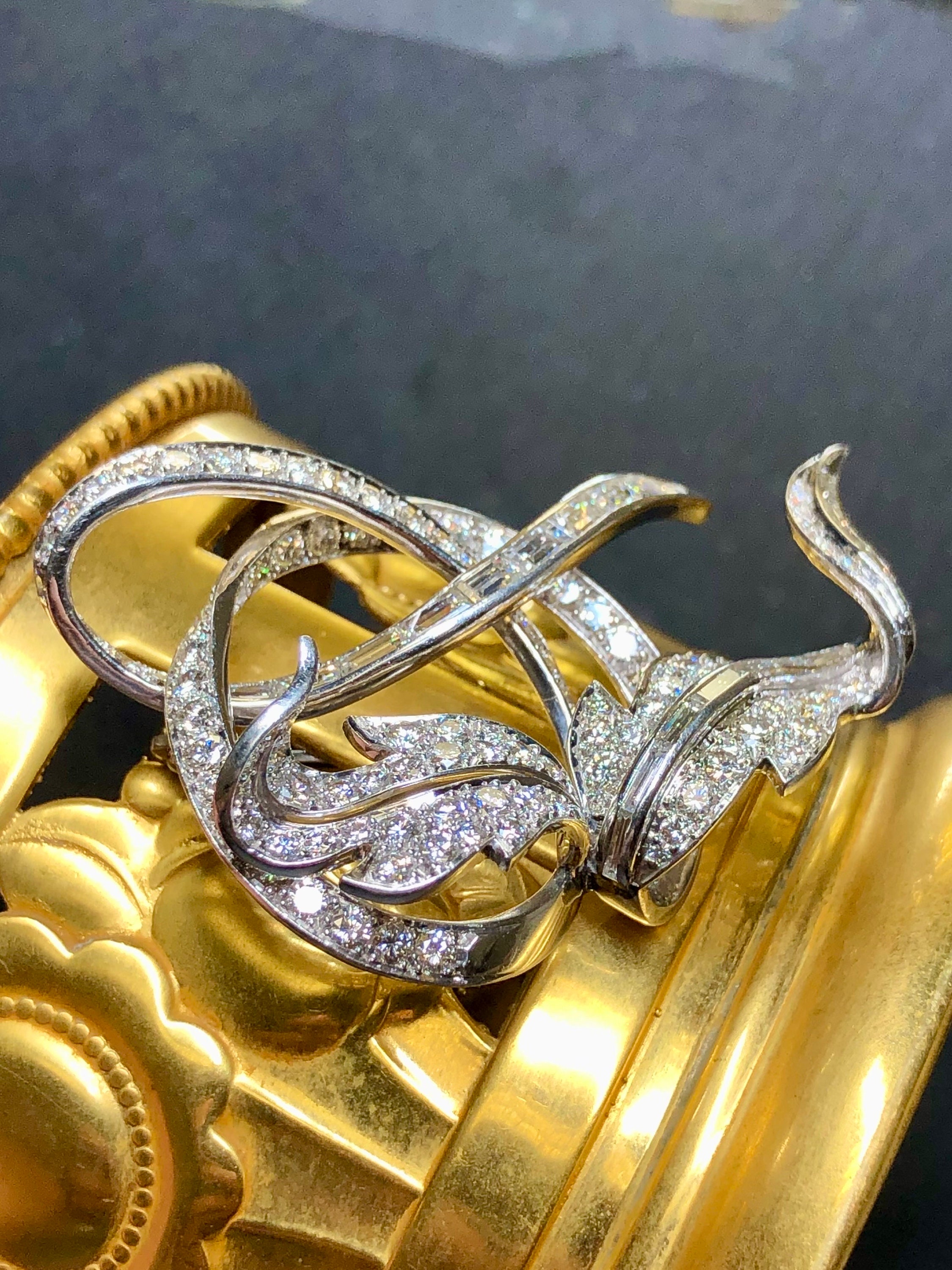Vintage 1950s RUSER Platinum Leaf Vine Baguette Round Diamond Brooch 5 ...