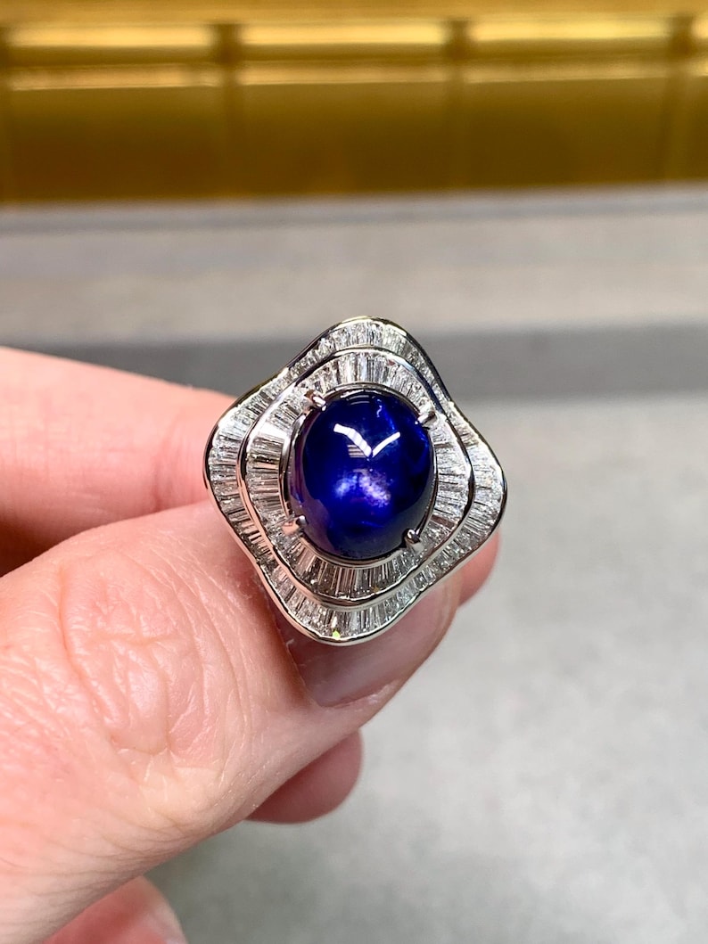 Estate Deep Royal Blue Star Sapphire Baguette Diamond Ballerina ...