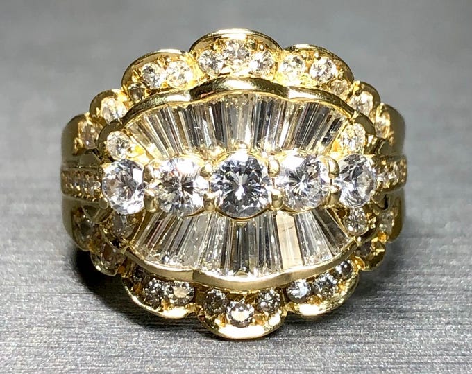 Estate 18K Yellow Gold Tapered Baguette Round Diamond Fan Cocktail Ring ...