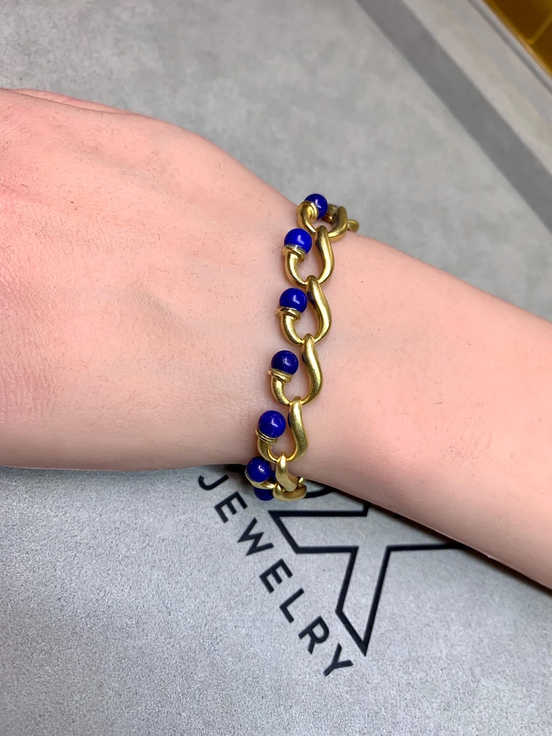 Vintage Textured 18K Yellow Gold Lapis Sphere Curved Link Bracelet 8 ...