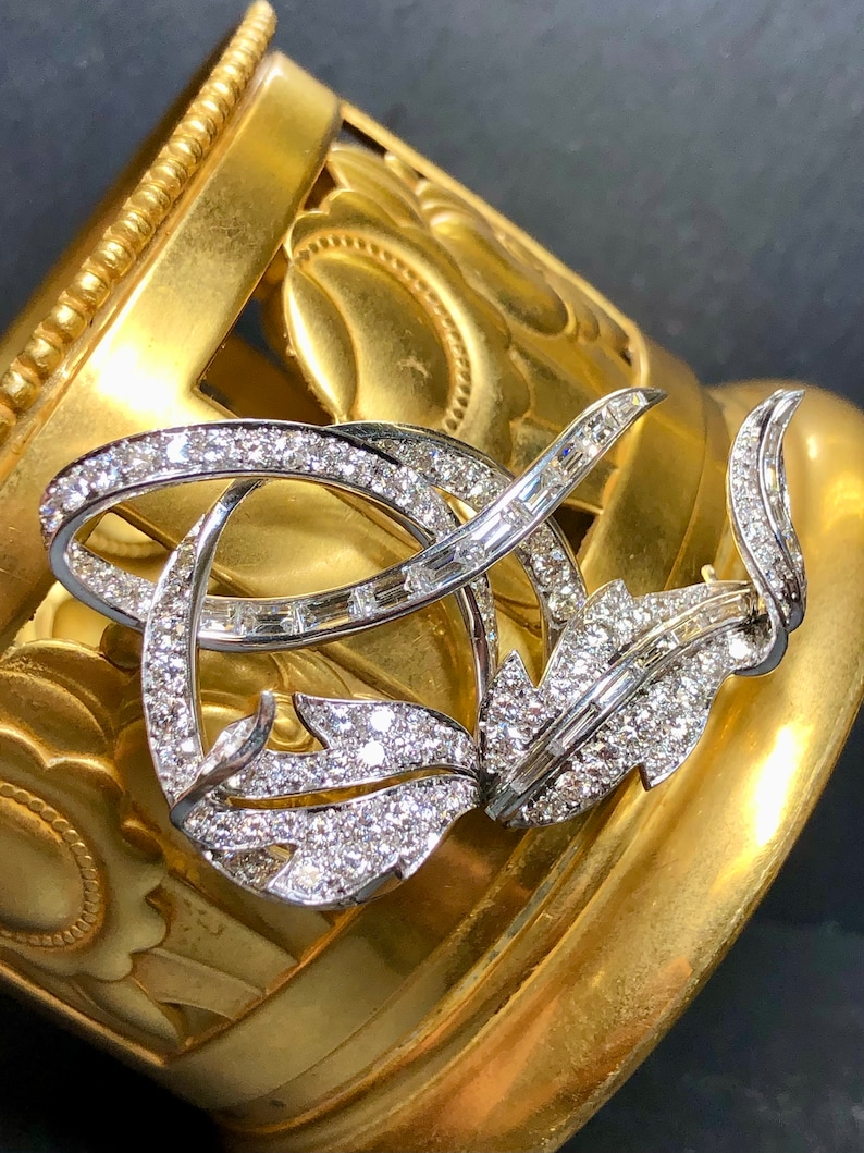 Vintage 1950s RUSER Platinum Leaf Vine Baguette Round Diamond Brooch 5 ...