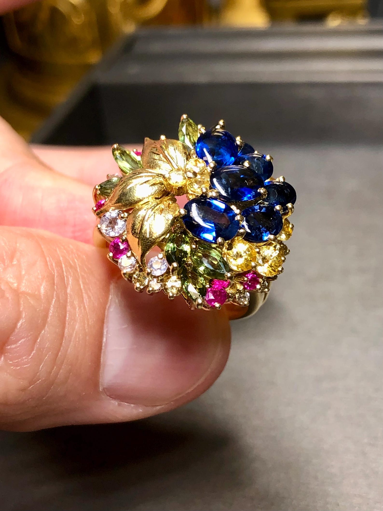 Estate 18K Floral Diamond Blue Green Pink Sapphire Cocktail Ring 7 ...