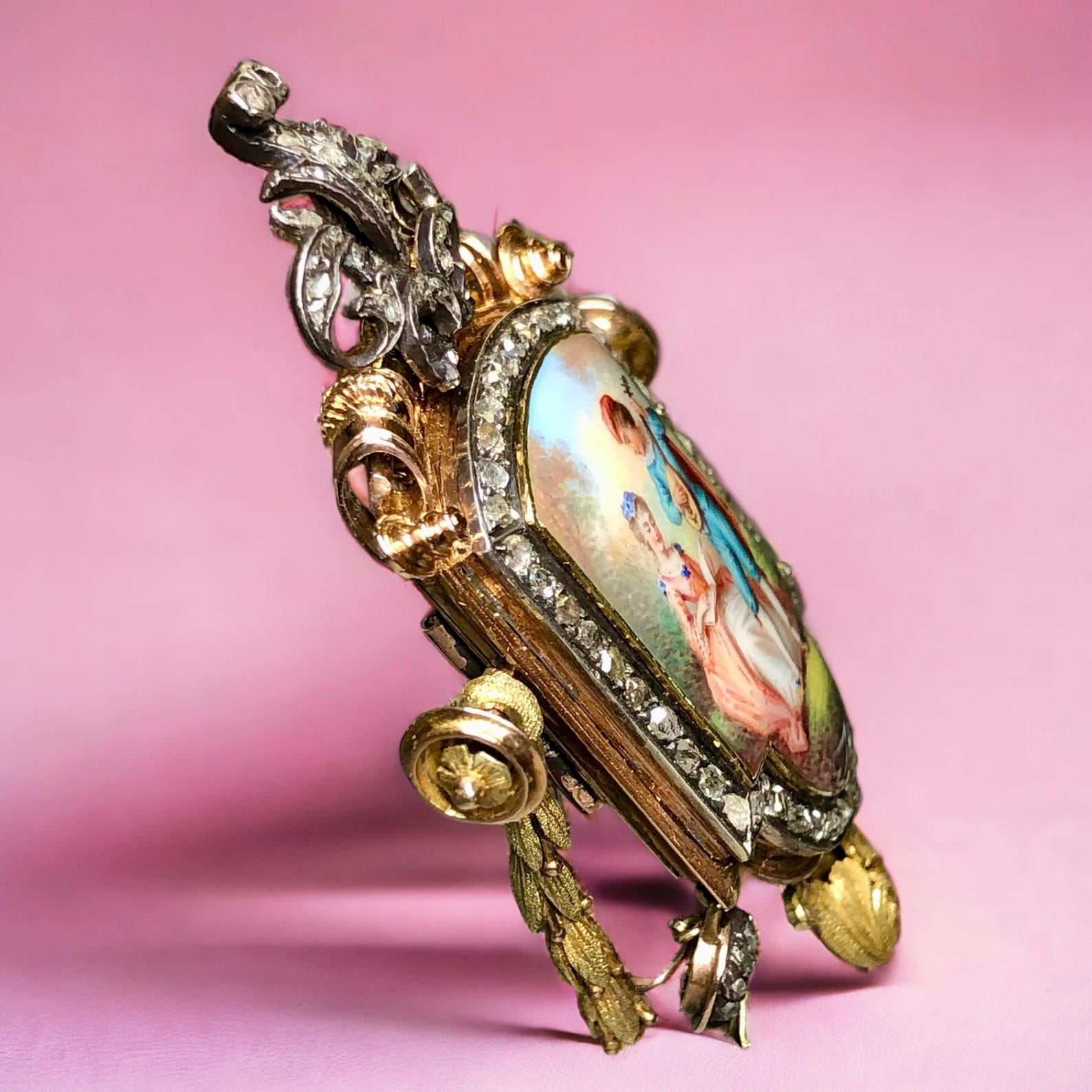 Antique Georgian 18K Silver Rose Diamond Enamel Limoges Mandolin Brooch ...