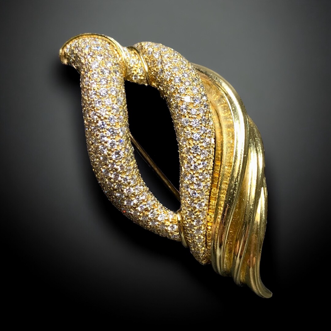 HENRY DUNAY 18K Yellow Gold Pavé Diamond Open Textured Brooch Pin 4ctw ...
