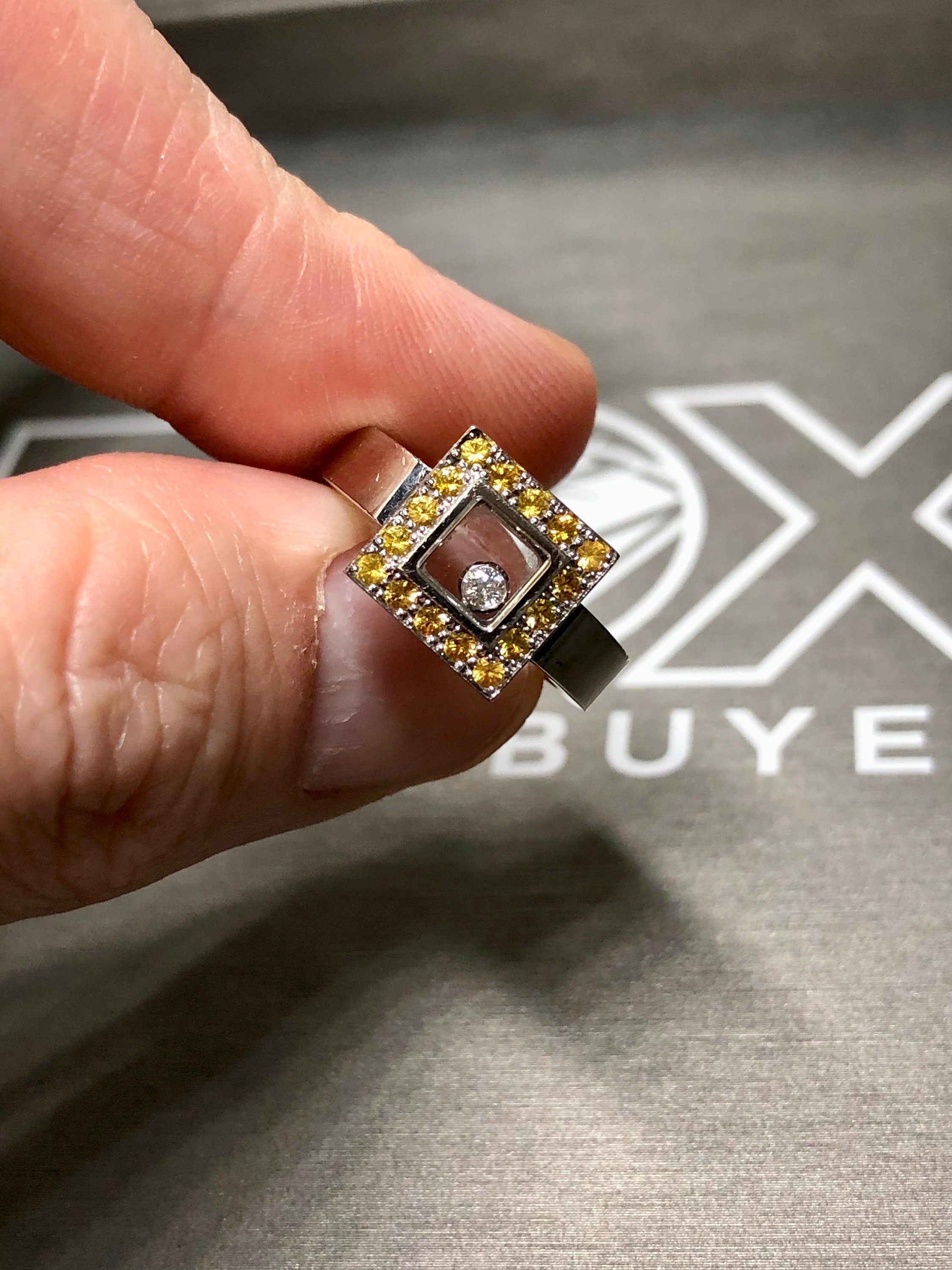 18K White Chopard Square Happy Diamond Yellow Sapphire Ring Size 5.5 - Etsy
