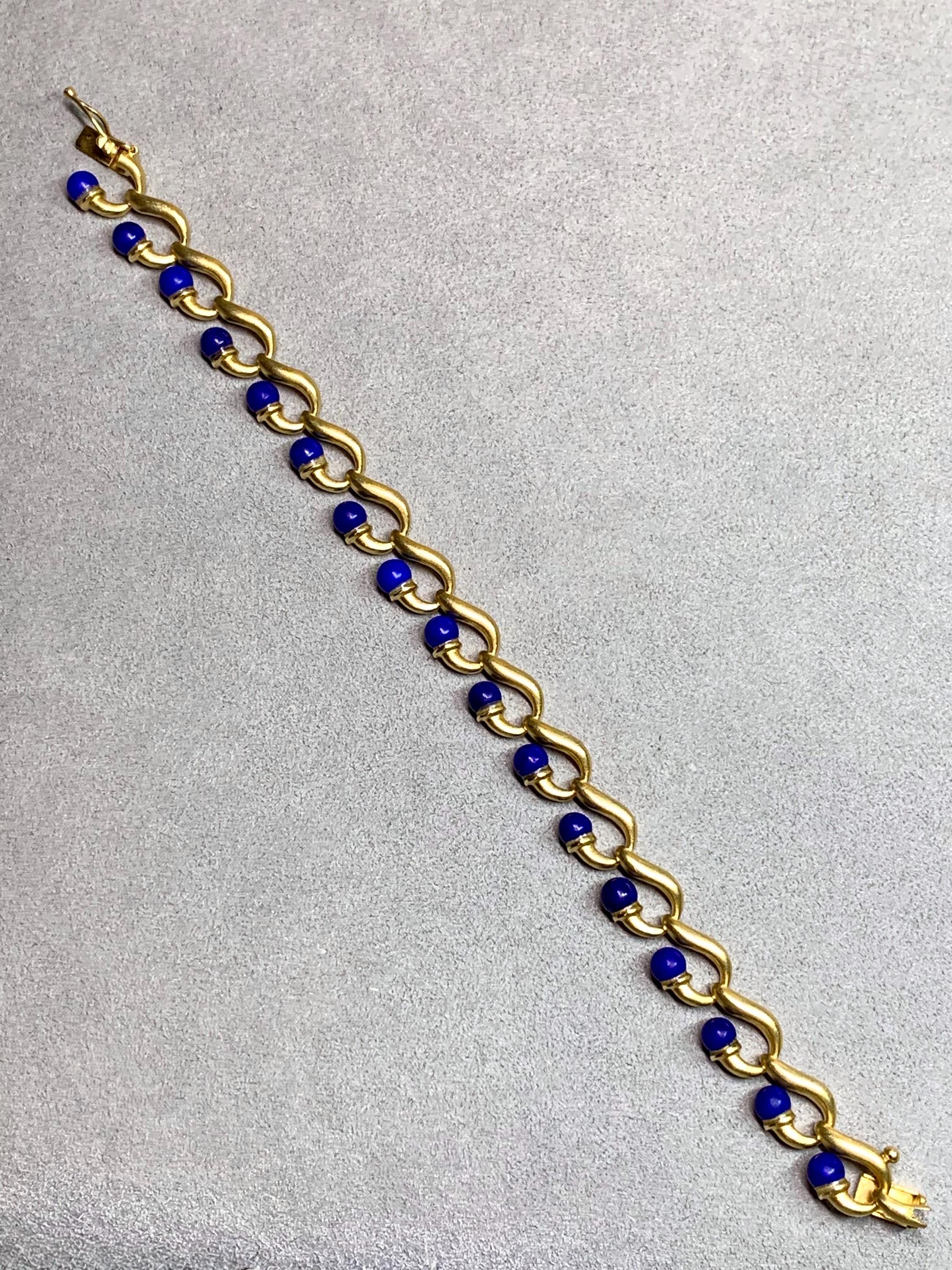 Vintage Textured 18K Yellow Gold Lapis Sphere Curved Link Bracelet 8 ...