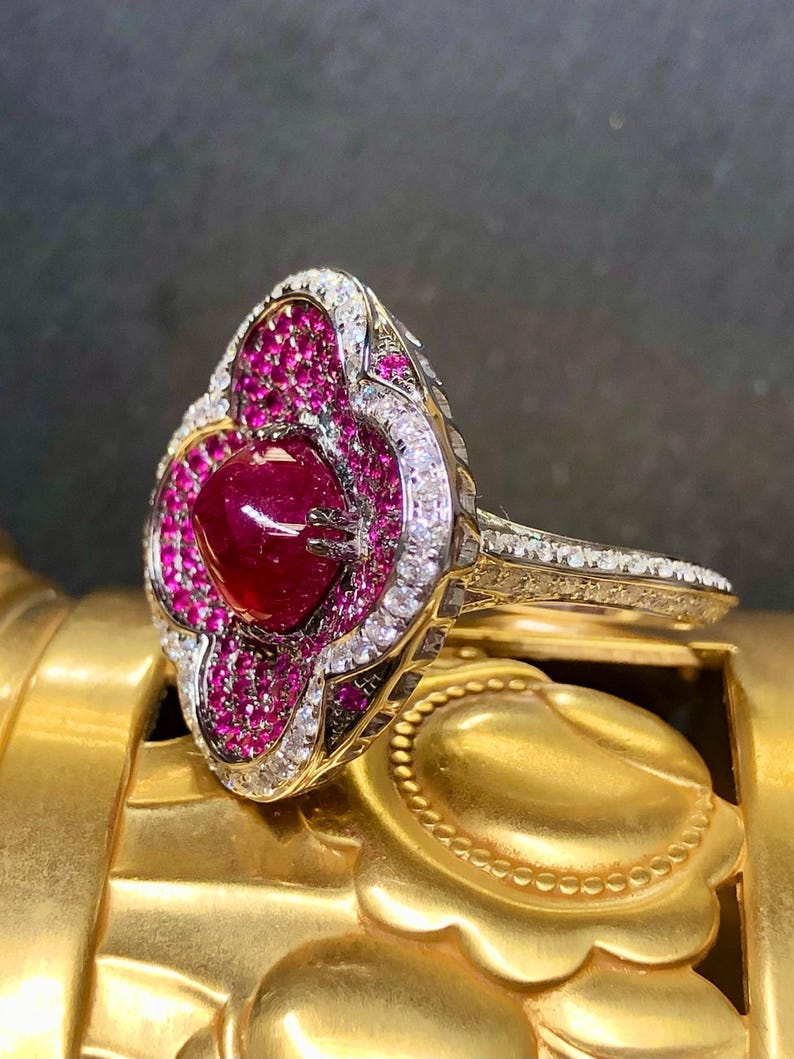 Estate 18K White Gold Sugarloaf Ruby Diamond Clover Cocktail Ring 6 ...