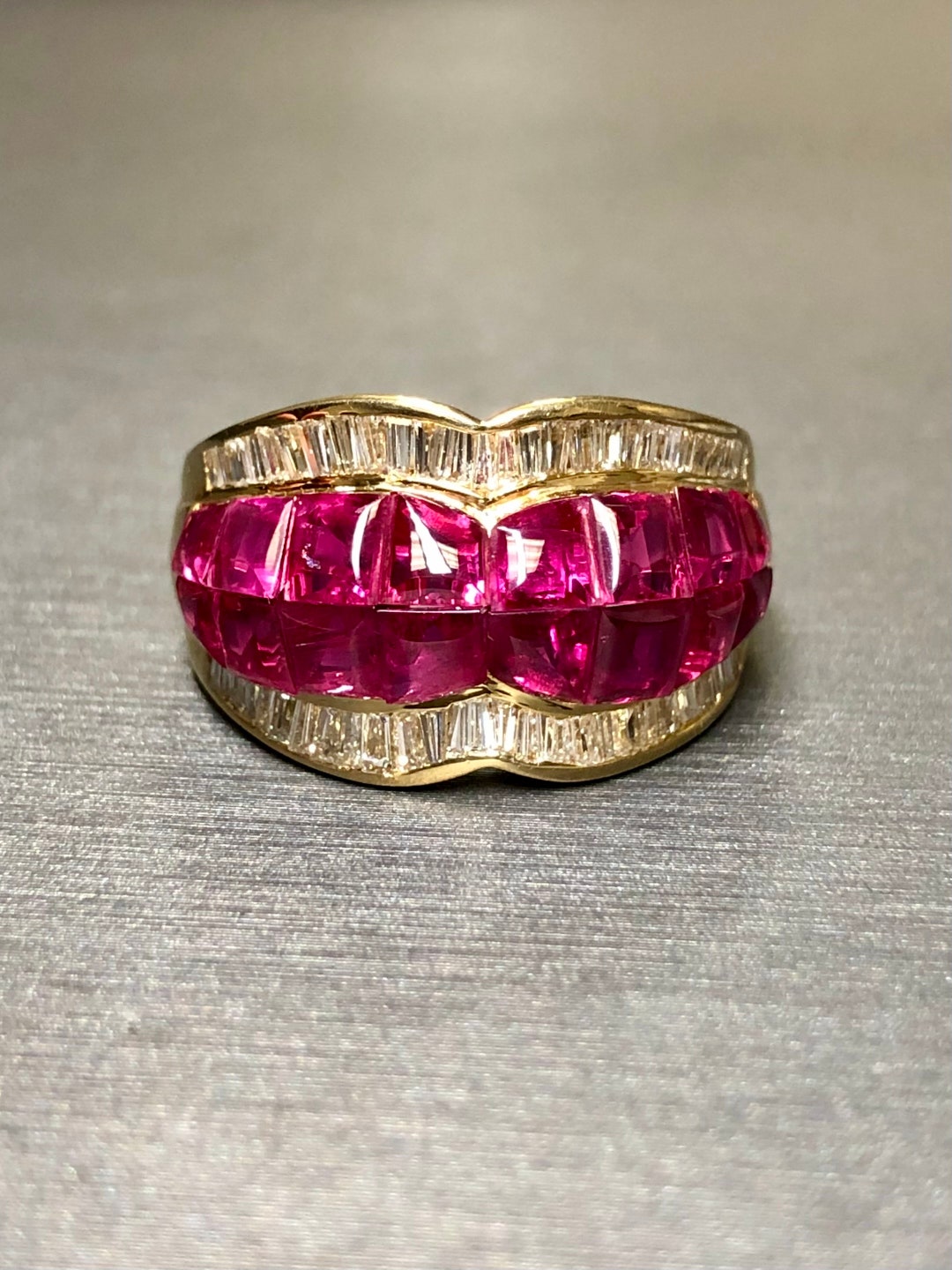 Estate 18K Buff Top Ruby Baguette Diamond Cocktail Band Ring 6.30cttw ...