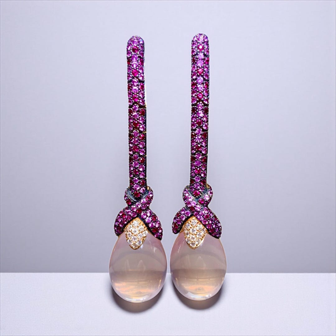Contemporary 18K Pink Sapphire Ruby Rose Quartz Dangle Drop Earrings 8 ...