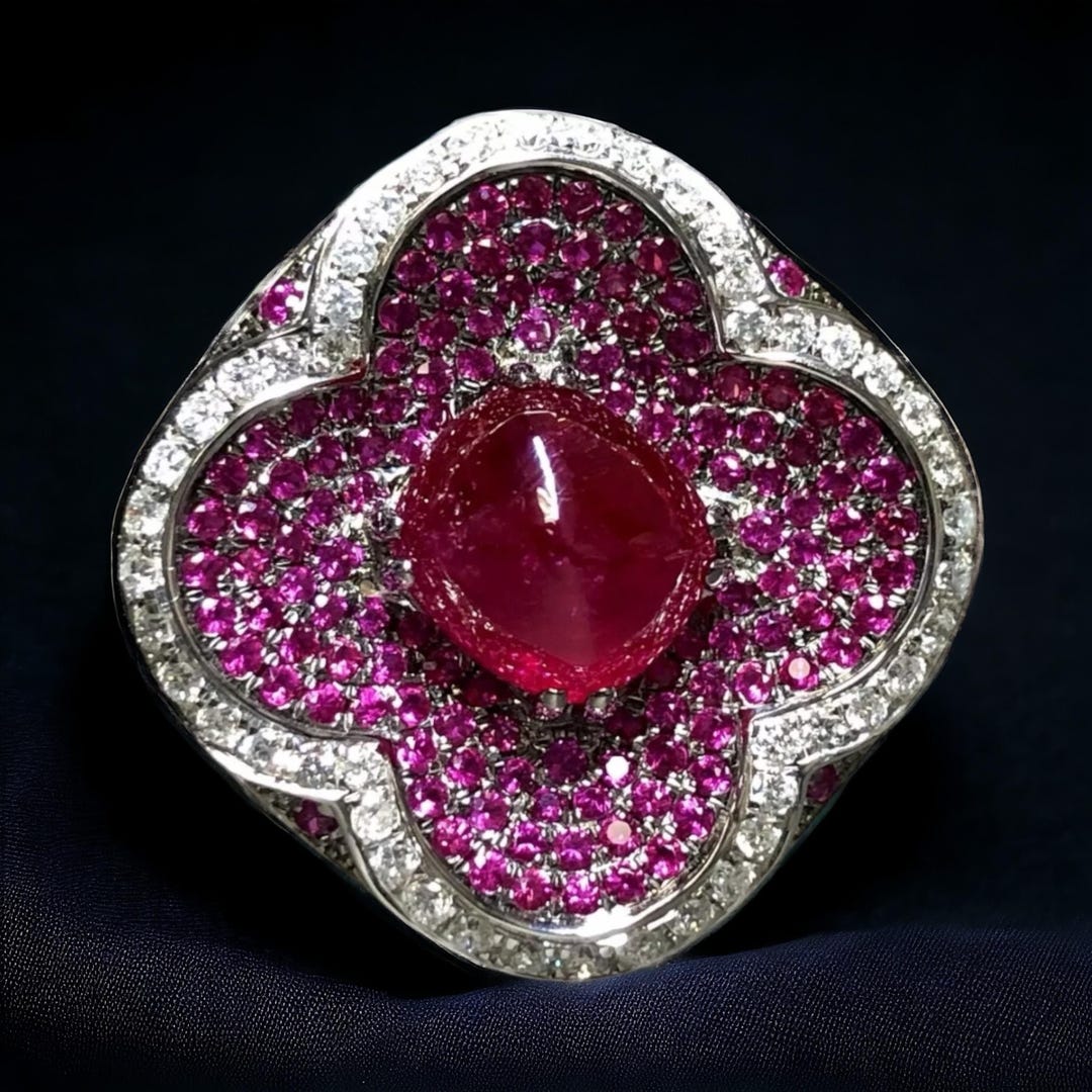 Estate 18K White Gold Sugarloaf Ruby Diamond Clover Cocktail Ring 6 ...