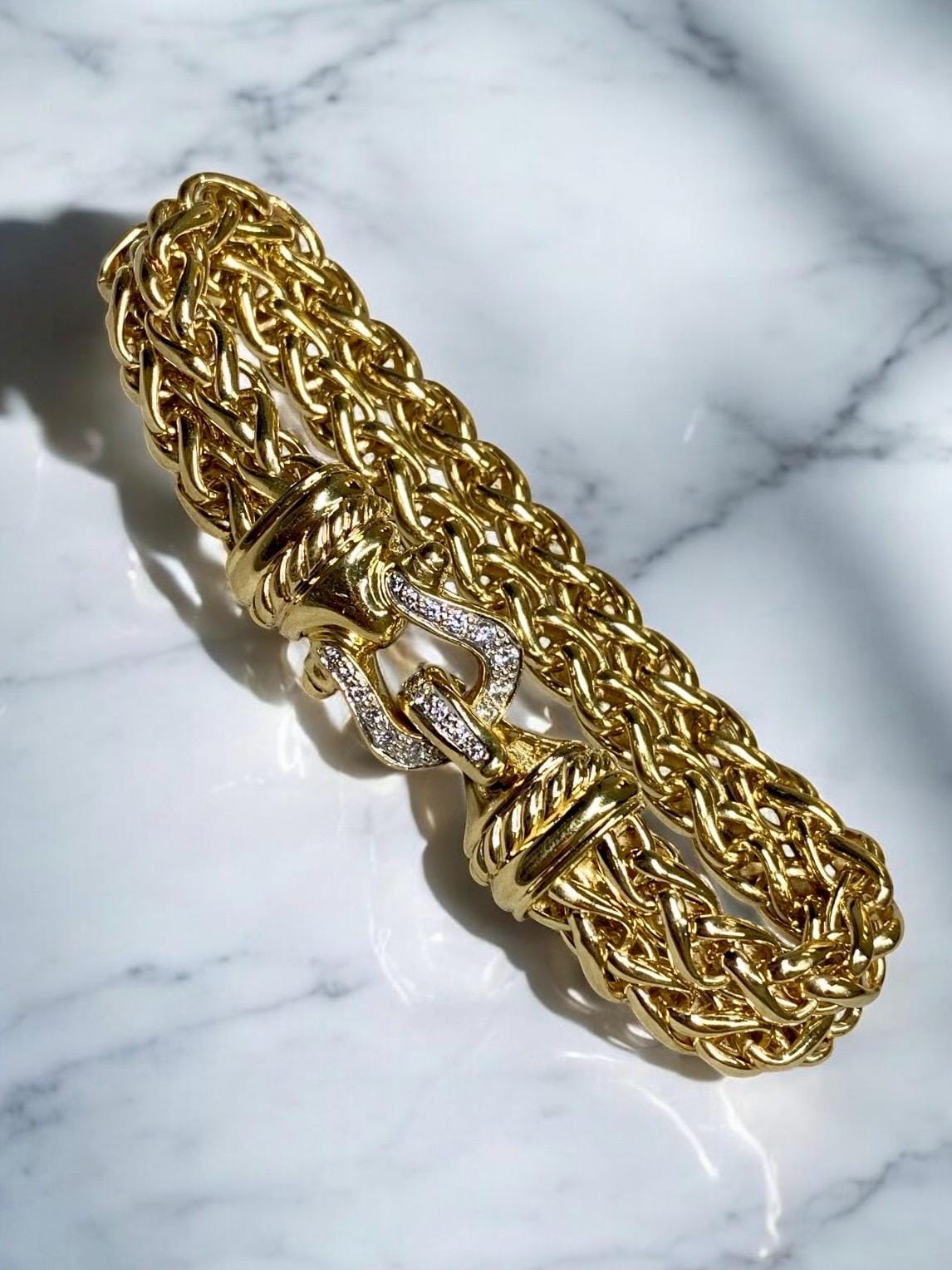 Vintage David Yurman 18K Gold Double Wheat Bracelet W/ Diamond Clasp 7. ...