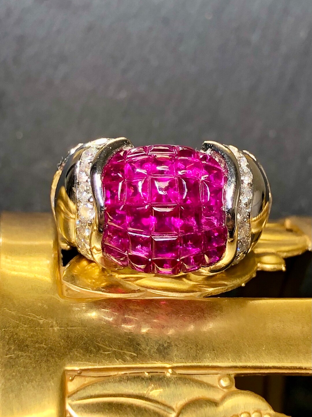 Estate 18K White Gold Buff Top Invisible Ruby Diamond Wide Band Ring 5 ...