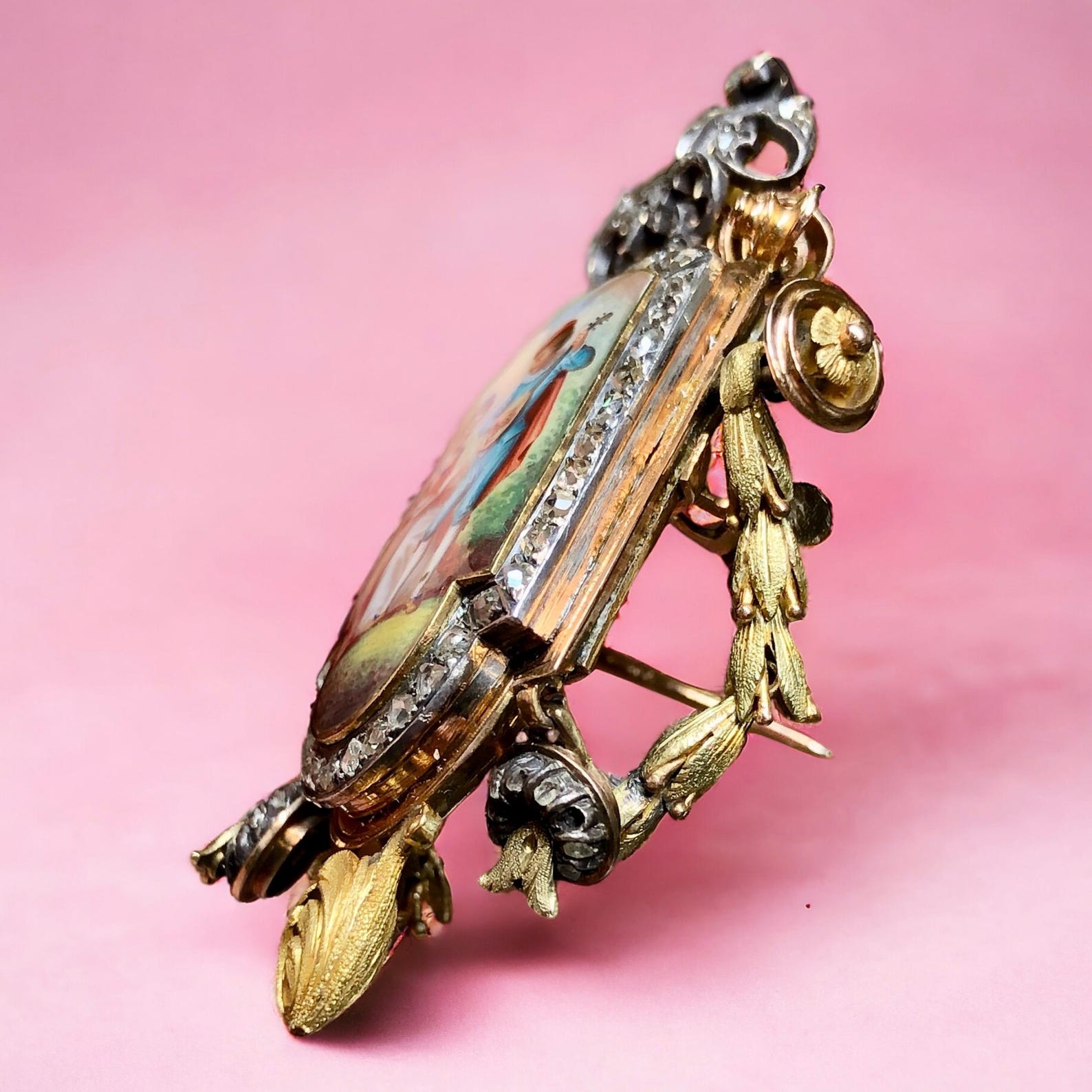 Antique Georgian 18K Silver Rose Diamond Enamel Limoges Mandolin Brooch ...