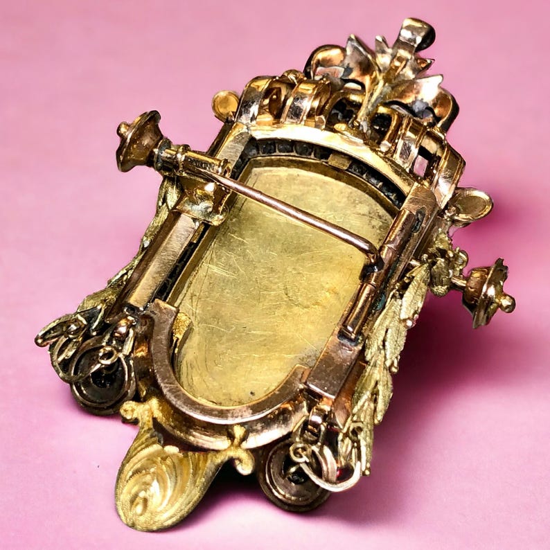 Antique Georgian 18K Silver Rose Diamond Enamel Limoges Mandolin Brooch ...