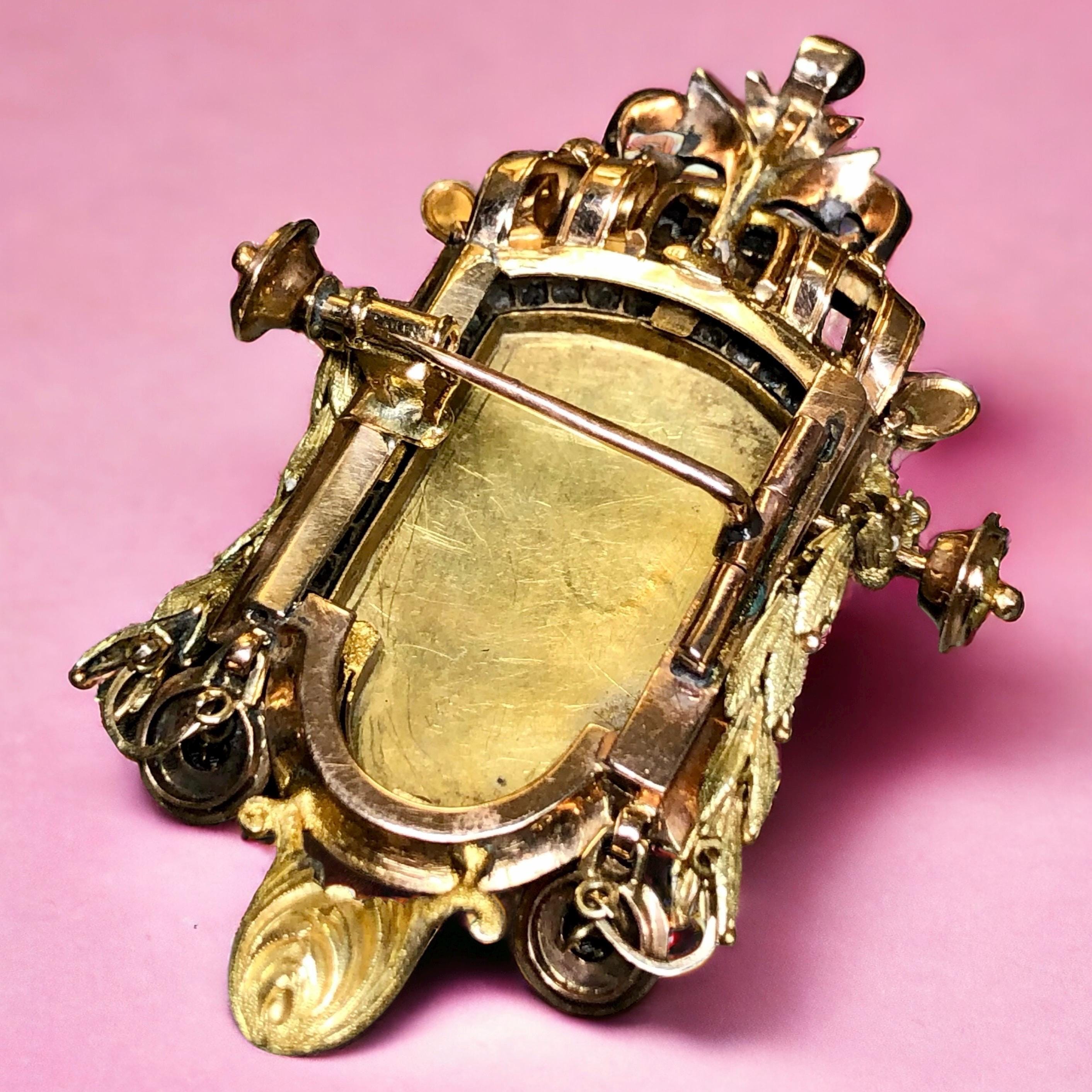 Antique Georgian 18K Silver Rose Diamond Enamel Limoges Mandolin Brooch ...