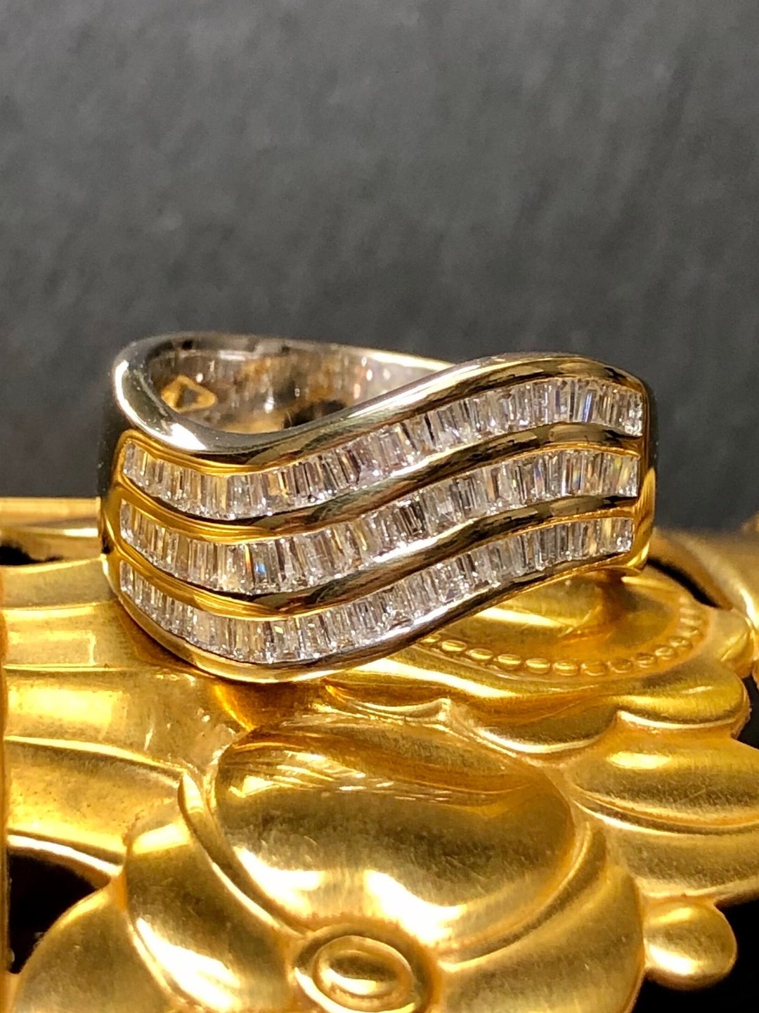 Estate 18K Channel Set Baguette Diamond Wave Band Ring 1.60cttw Sz 7.75 ...