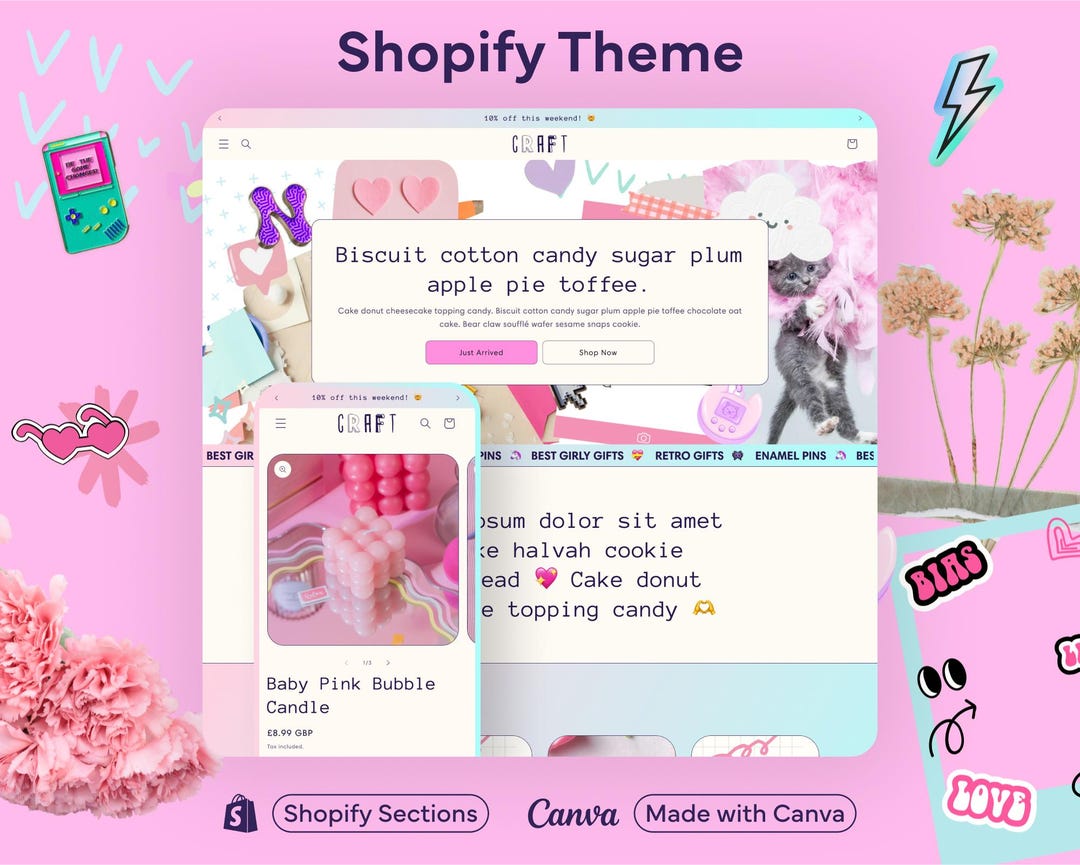 90s Retro Shopify Theme Craft Girly Store Design Fun Colourful Website ...